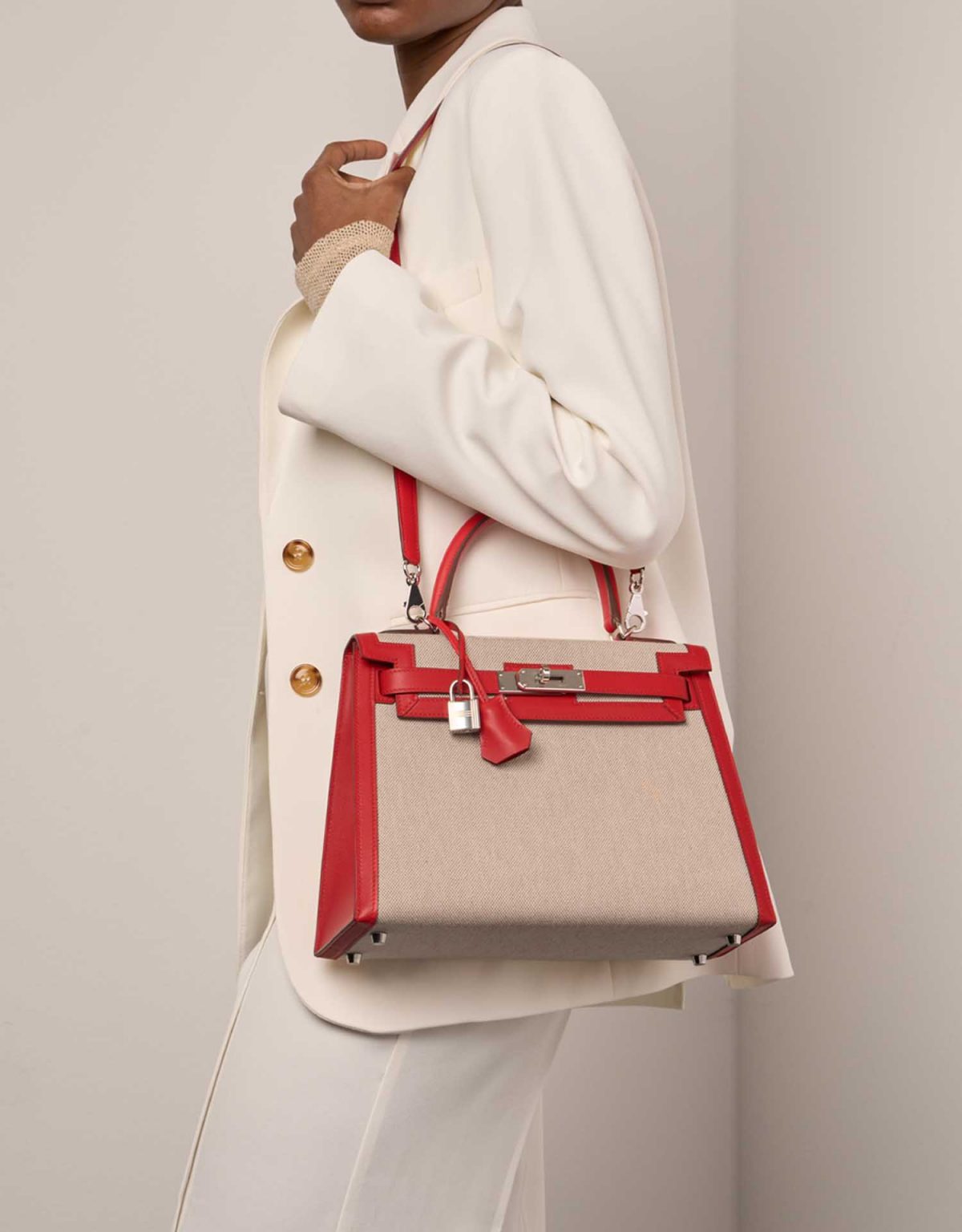 Hermès Kelly 28 Toile H / Swift Rouge Tomate / Ecru / Gold | SACLÀB