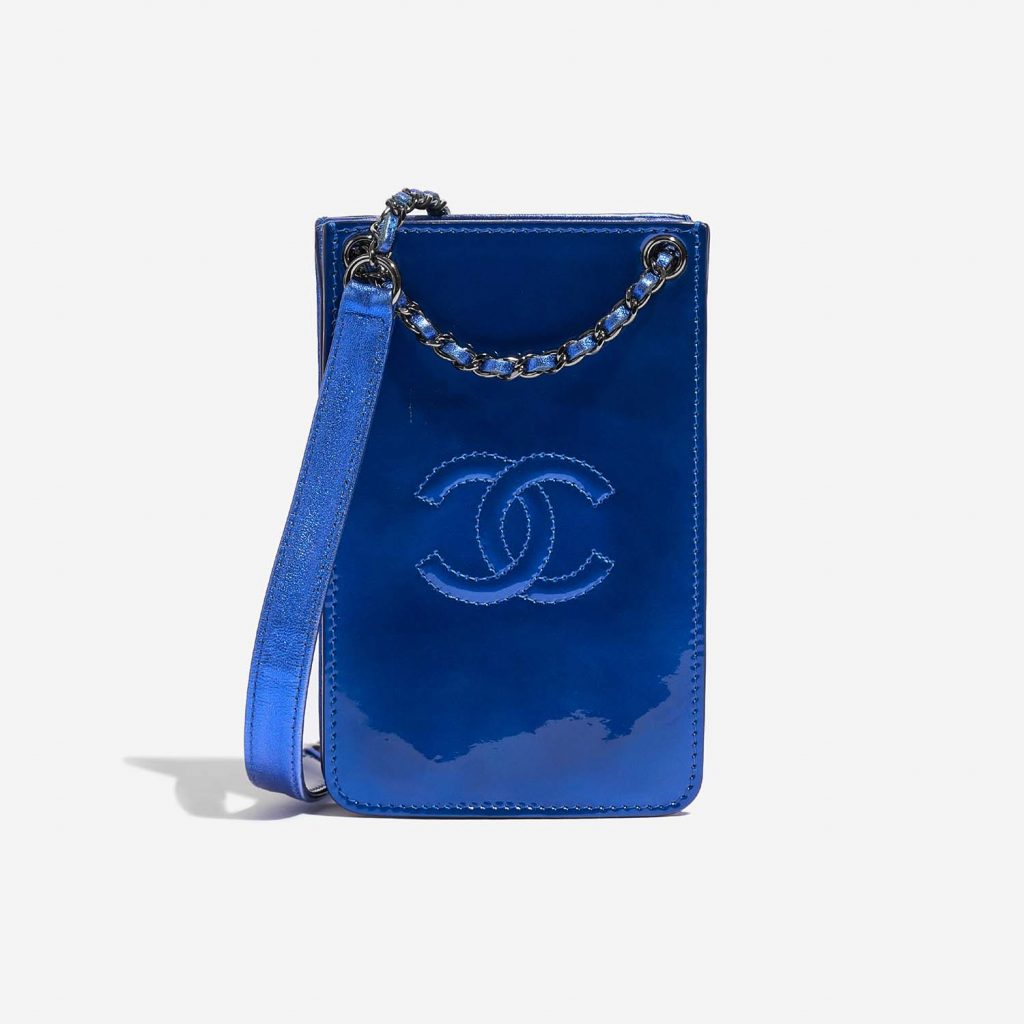 Chanel Phone Holder Patent Leather Metallic Blue | SACLÀB