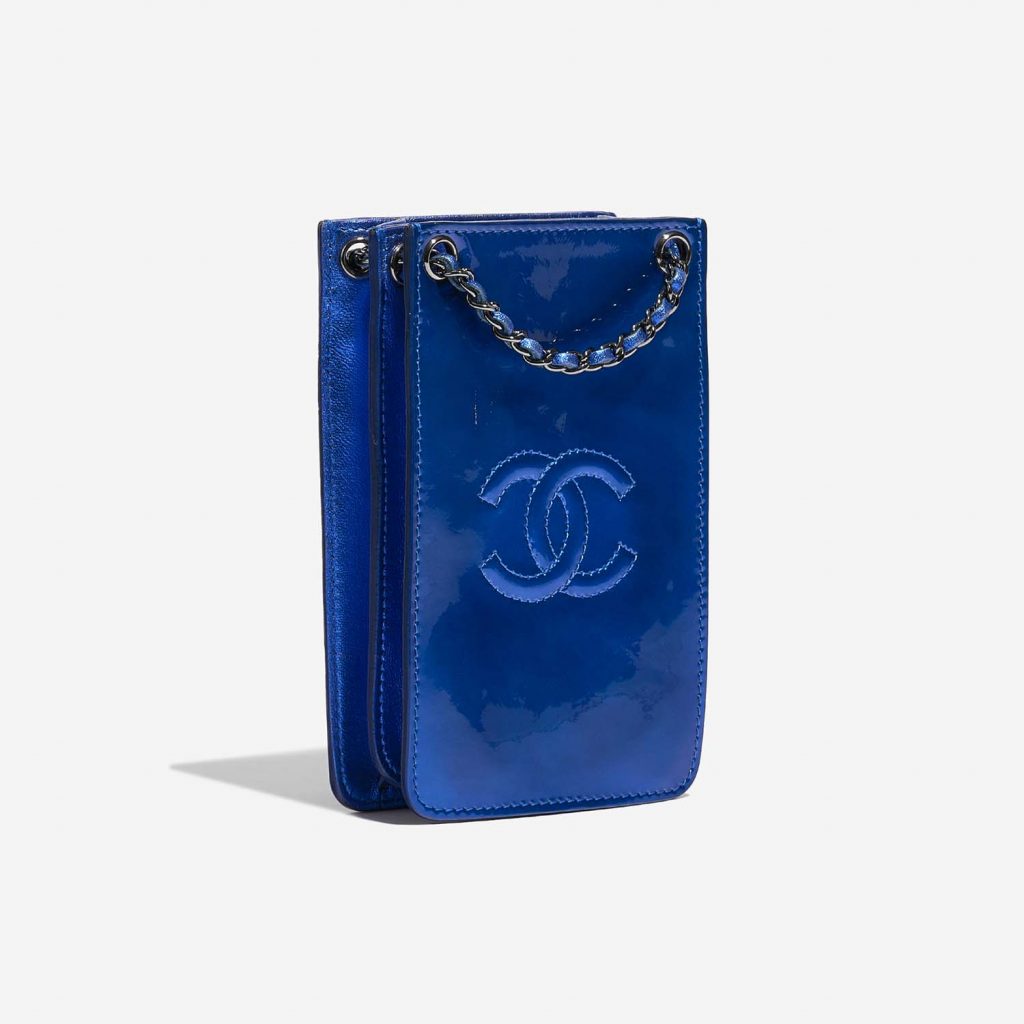 Chanel Phone Holder Patent Leather Metallic Blue | SACLÀB