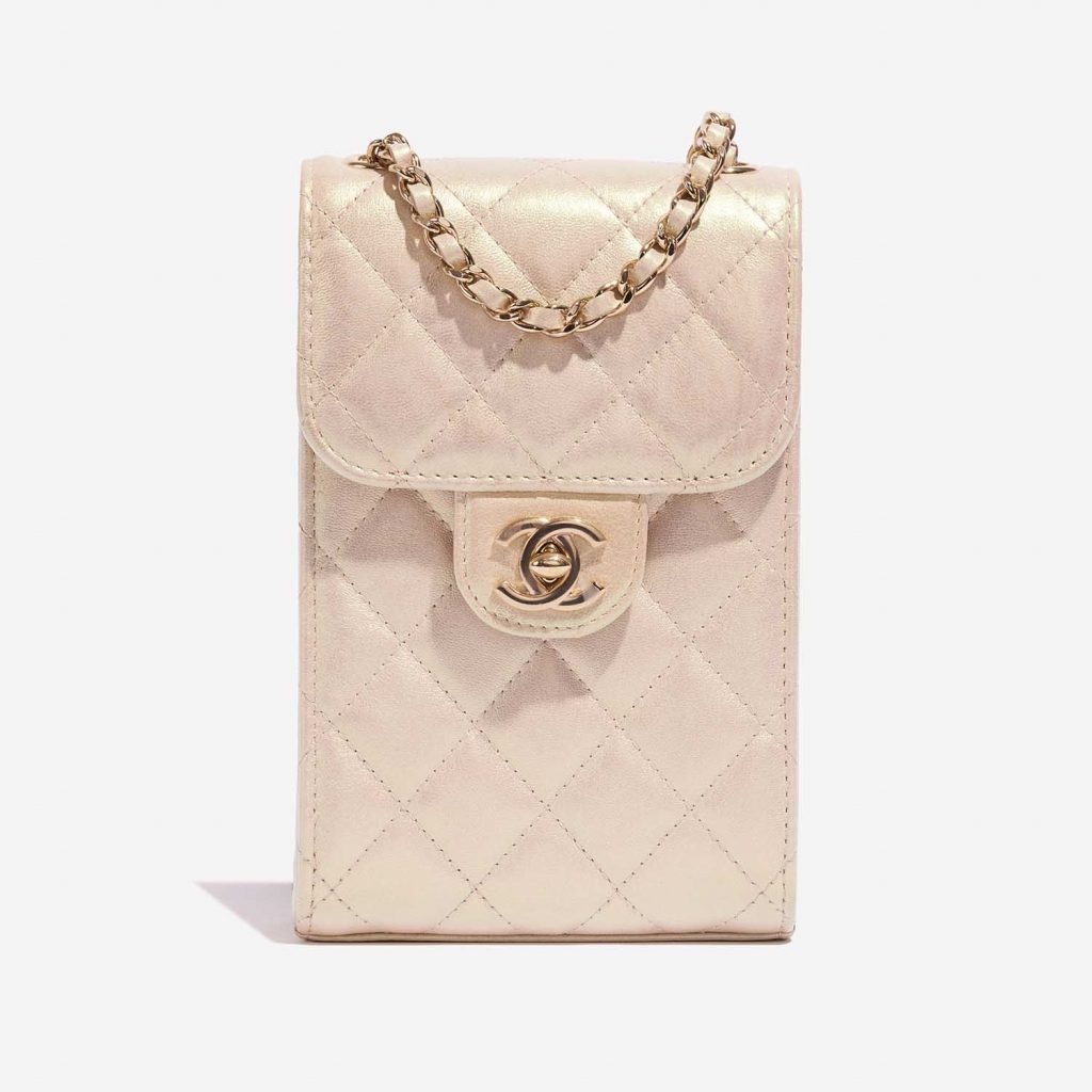 Chanel Timeless Phone Holder Lamb Metallic Pearl White | SACLÀB