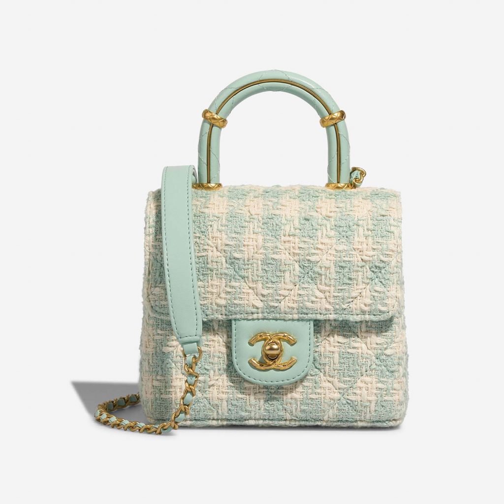 Chanel Timeless Handle Mini Square Tweed Tiffany Blue / Beige | SACLÀB